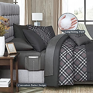 WRENSONGE Plaid King Comforter Set, 8 Pieces Grey Printed and Spliced Plaid Herringbone Bedding Set, Microfiber Soft Farmhouse Comforter Set with Decor Pillow, Lightweight Breathable for All Seasons