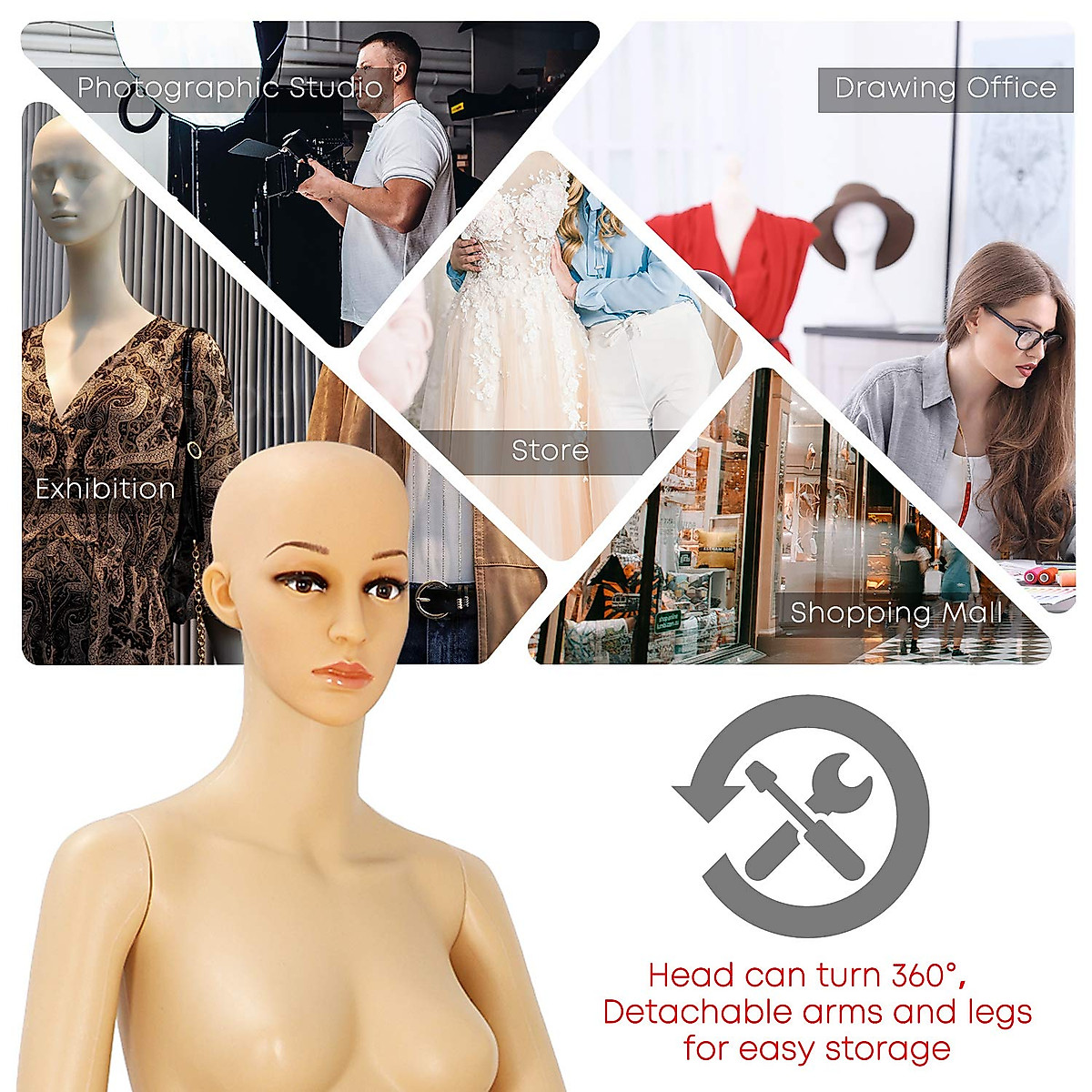 Mannequin Full Body Dress Form 69inch Female Adjustable Mannequin Stand Realistic Mannequin Display Head Turns Dress Model Metal Base