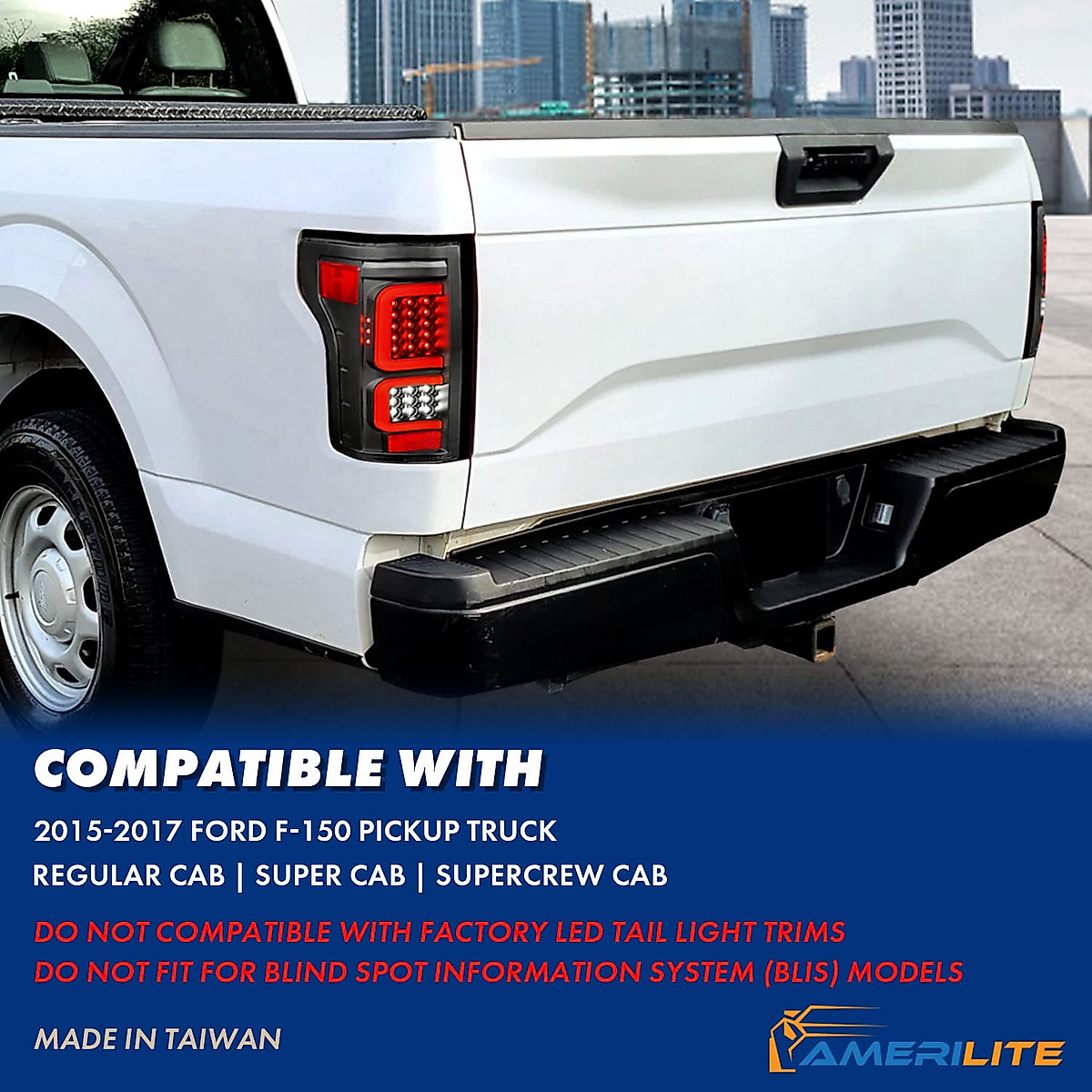 AmeriLite [Full LED C-Type Light Bar Black Taillights Assembly Pair for 2015-2017 Ford F150 - Passenger and Driver Side