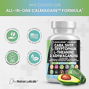 Clean Nutraceuticals GABA 750mg 5 HTP 200mg L Tryptophan 500mg L Theanine 200mg Ashwagandha 3000mg SAM-e L-Glycine - Mood Support Vitamins for Women and Men with L-Tyrosine - Count