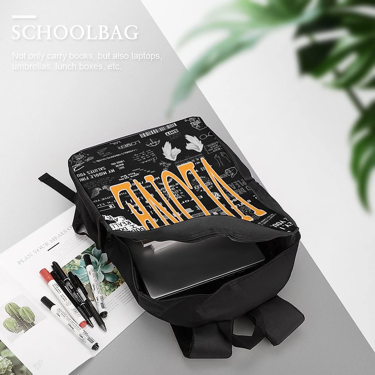 16" Large Capacity Black Backpack for College School Trendy Travel Back Pack Letter Printed School Bag Casual Travel Daypack Waterproof Bookbag(Letter Background)