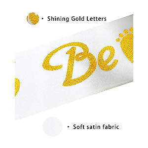 Mom to be Sash, White Satin with Gold Gitter Font with Baby Foot, Best Baby Shower Mommy Decorations Mother Gifts, Gender Reveal Party Baby Boy Or Girl Neutral Gender Reveal