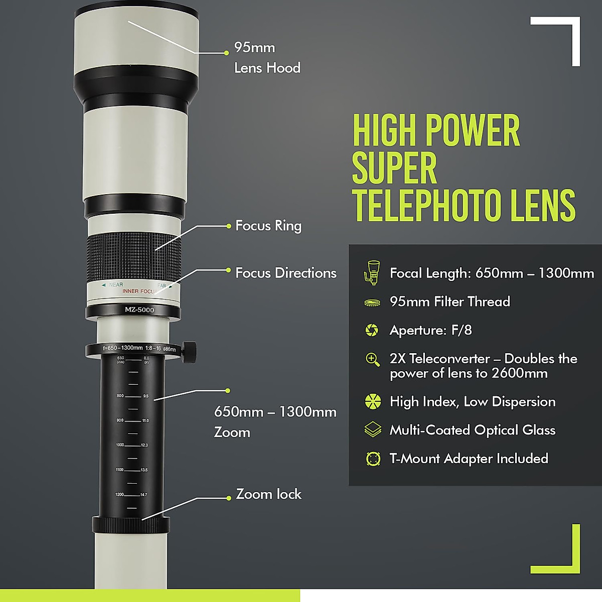 High-Power 650-2600mm f/8 Manual Telephoto Lens for Canon EOS 80D, 90D, Rebel T3i, T5, T6i, T7, T8i, SL3, 60D, 70D, 5D, 6D II, 7D II SLR Cameras - White