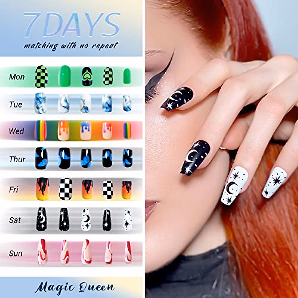 GLAMERMAID Jelly Press on Nails Almond- Handmade Gel Nails Series | Blue Glitter Galaxy Fake Nails Medium Short Length Shimmer Acrylic False Nail Kits Stick Glue on Nails Sets Reusable Full Cover for Women Girls Gift, 24Pcs