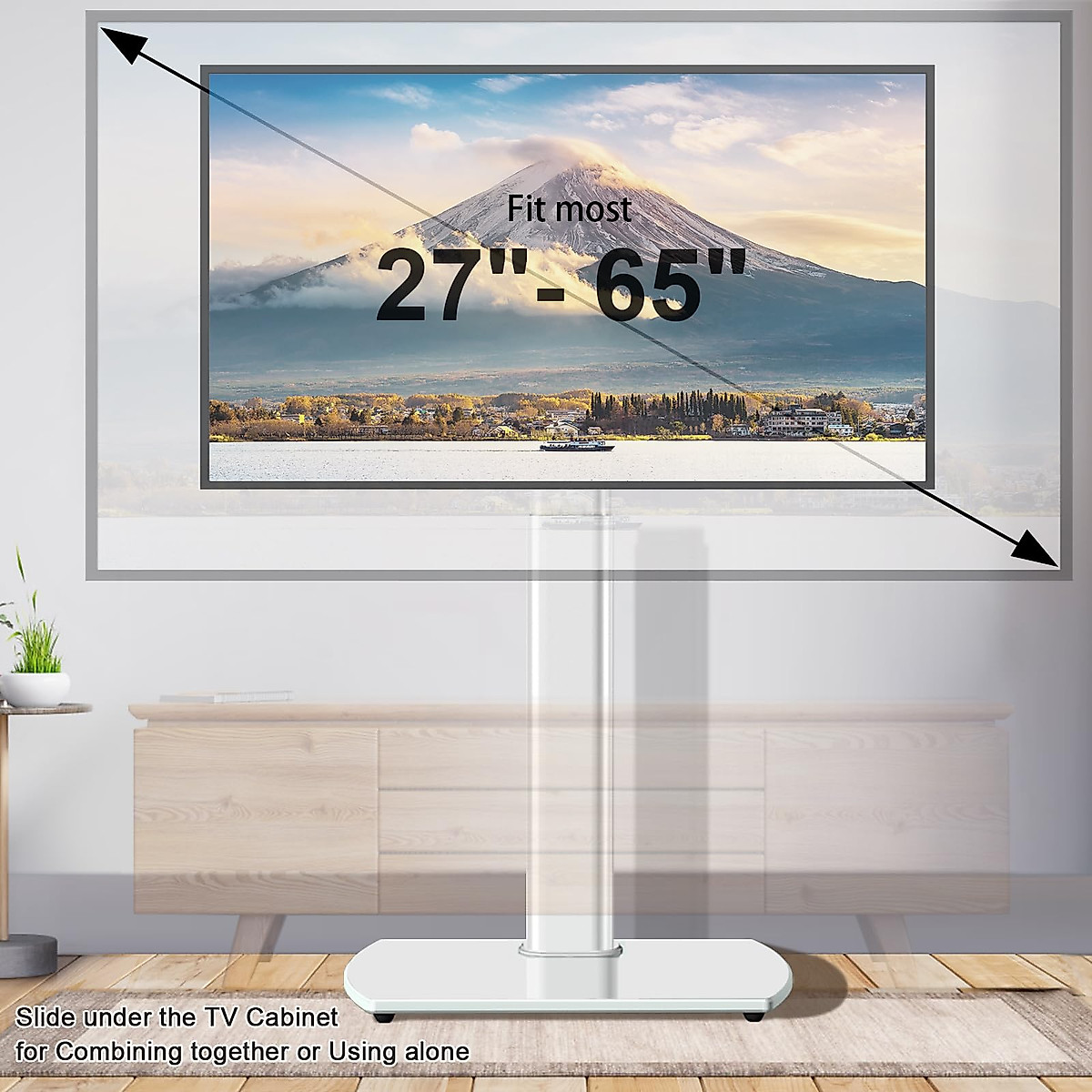 YOMT Floor TV Stand with Swivel Mount, Universal TV Stand for Most 27-65 Inch LED LCD OLED Flat Panel or Curved Screen TVs, Height Adjustable Narrow TV Stand for Bedroom Small Space, White