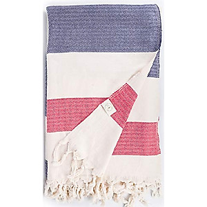 Bersuse 100% Cotton Aspendos XL Throw Blanket Turkish Towel - 60x90 Inches, Dark Blue-Red