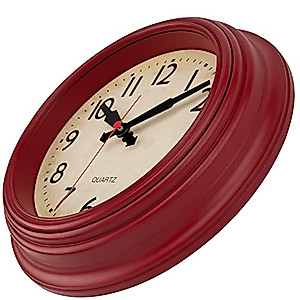 Foxtop Retro Wall Clock 9 Inch Silent Non-Ticking Small Battery Operated Red Wall Clock Vintage Classic Decorative Clock for Office Bedroom Kitchen Living Room Home