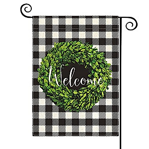 AVOIN colorlife Fall Boxwood Wreath Welcome Garden Flag 12x18 Inch Double Sided Outside, Small Burlap Buffalo Plaid Farmhouse Yard Outdoor Decoration