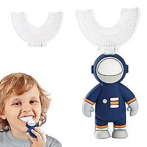 Youuys Kids U Shaped Toothbrush with 2 Silicone Brush Head Cleaning Massage U-Type Whole Mouth Tooth Brush with Astronaut Handle Original Design for Children