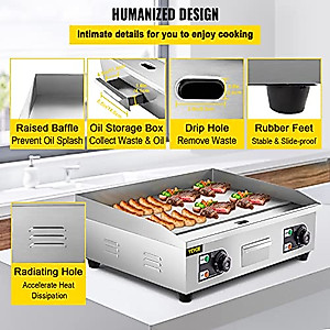 VEVOR Commercial Electric Griddle, 26" Teppanyaki Grill, 3200W Electric Flat Top Grill, Stainless Steel Electric Countertop Griddle w/Drip Hole, 50-300℃ Electric Griddle for Pancake, Chicken（No Plug)