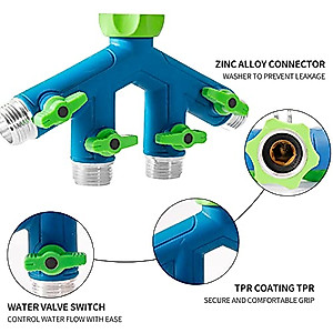 GREEN MOUNT Garden Hose Connector Tap Splitter, Easy Grip Splitter with Shut-Off Valves (4 Way)