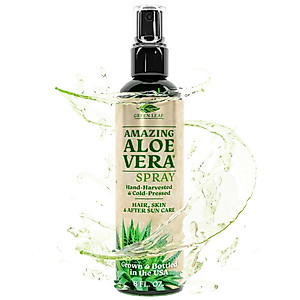 Green Leaf Naturals Aloe Vera Spray | 99% Cold-Pressed Aloe Vera Juice with Vitamin C, E & A | Hair, Skin, Facial Moisturizer, Sunburn Relief & After Sun Lotion 8oz