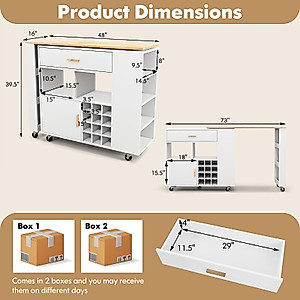 Giantex Mobile Kitchen Island Cart, 4-in-1 Reversible Serving Cart Bar Table Combo, Storage Cart on Wheels w/Rubber Wood Top, Adjustable Shelf, 12-Bottle Wine Rack, Spice Rack for Dining Room, White
