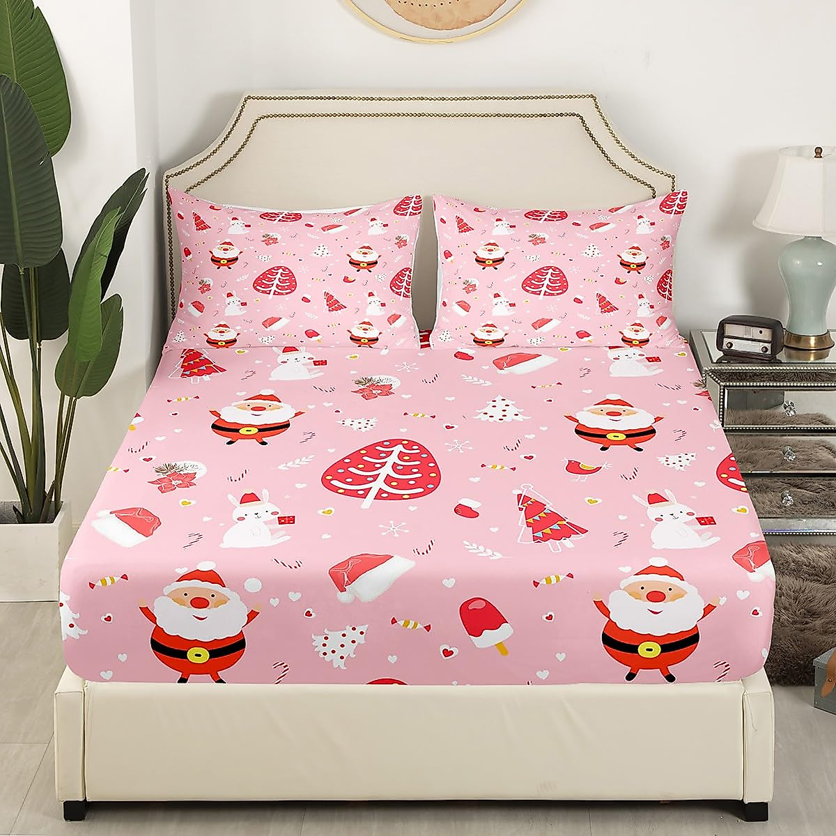 Santa Claus Sheet Set Cute Rabbit Kawaii Pink Bed Set for Kids Boys Girls Decor Merry Christmas Bed Sheets Girly Pink Sheets Bedroom Collection 4Pcs Full Size