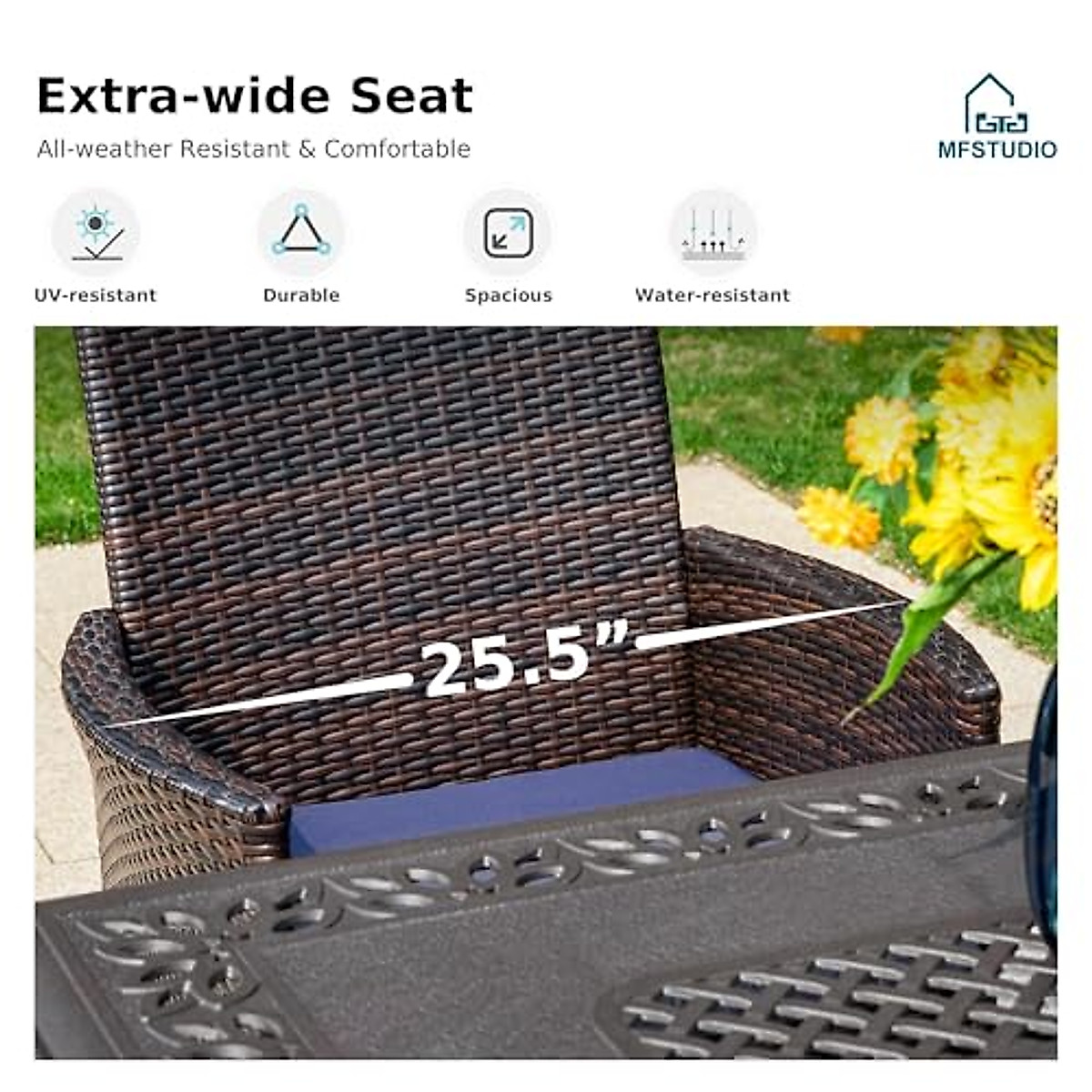 MFSTUDIO Patio PE Rattan Chairs Set of 2, Outdoor Patio Wicker Chairs - Metal Frame, Waterproof Cushions and Removable Covers, 350lbs