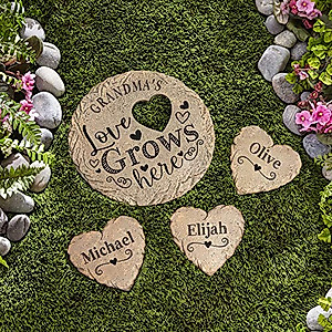 Let's Make Memories - Personalized Garden Stone - Love Grows Here Heart Garden Stone - Customize with Any Name - Made of Durable Resin - Realistic Stone Texture - Heart Shape, 6.75" Diameter