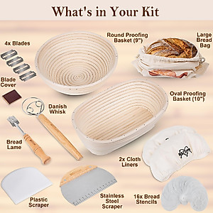 Banneton Bread Proofing Basket Gift Set of 2 - Proofing Baskets 10" Oval & 9" Round Rattan Sourdough Bread Baking Supplies with Bread Lame, Dough Scrapers, Liners, Dough Whisk, Bread Bag &16 Stencils