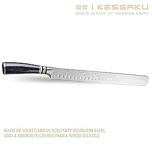 KESSAKU 12-Inch Slicing Carving Knife - Ronin Series - Granton Edge - Forged High Carbon 7Cr17MoV Stainless Steel - Pakkawood Handle with Blade Guard