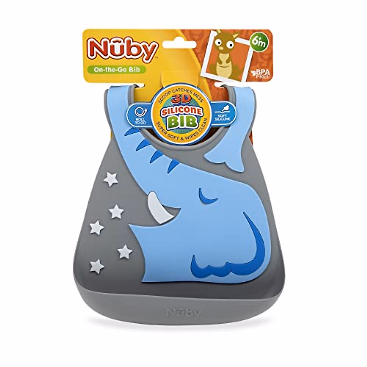 Nuby On The Go Silicone 3D Bib with Scoop to Catch Mess, Roll to Go, 6 M+, Elephant (Pack of 2)