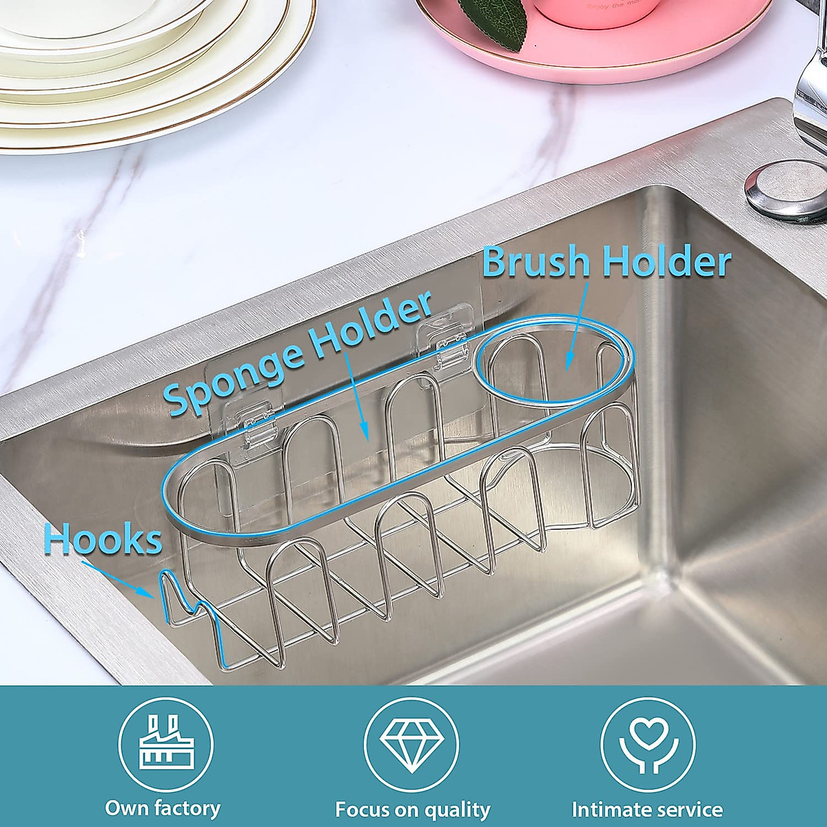 DOLRIS Kitchen Sink Caddy, Sponge Holder for Kitchen Sink, 3 in 1 Adhesive Kitchen Sponge Holder + Brush Holder + Hooks, Kitchen Sink Accessories SUS304 Stainless Steel,Silver