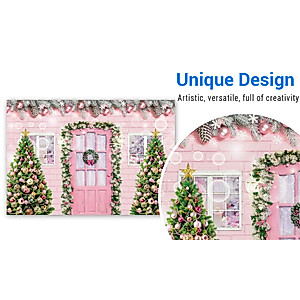 Funnytree 7x5FT Pink Christmas Photography Backdrop Xmas Tree Santa Brick Wall Door Dream Background for Girl Kids Holiday Birthday Party Supplies Banner Decor Photo Booth Studio Prop Gifts