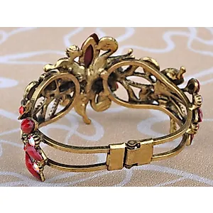 Alilang Womens Antique Golden Tone Red Rhinestone Floral Lily Poinsettia Flower Bangle Cuff Bracelet