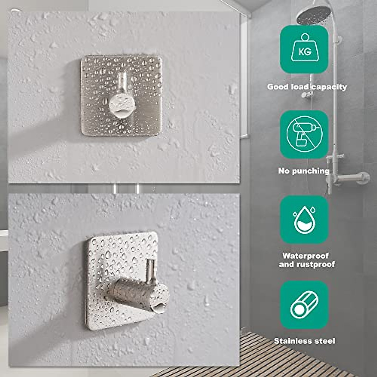 Eowihor Heavy Duty Wall Hooks, Self Adhesive Hook, Robe Hook Stainless Steel, Ideal for Bathroom and Bedroom 4-Packs Silver