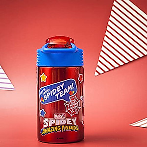 Zak Designs Marvel Spider-Man 18/8 Single Wall Stainless Steel Kids Water Bottle, Flip Straw Locking Spout Cover, Durable Cup for Sports or Travel (15.5oz, Non-BPA, Spidey and His Amazing Friends)