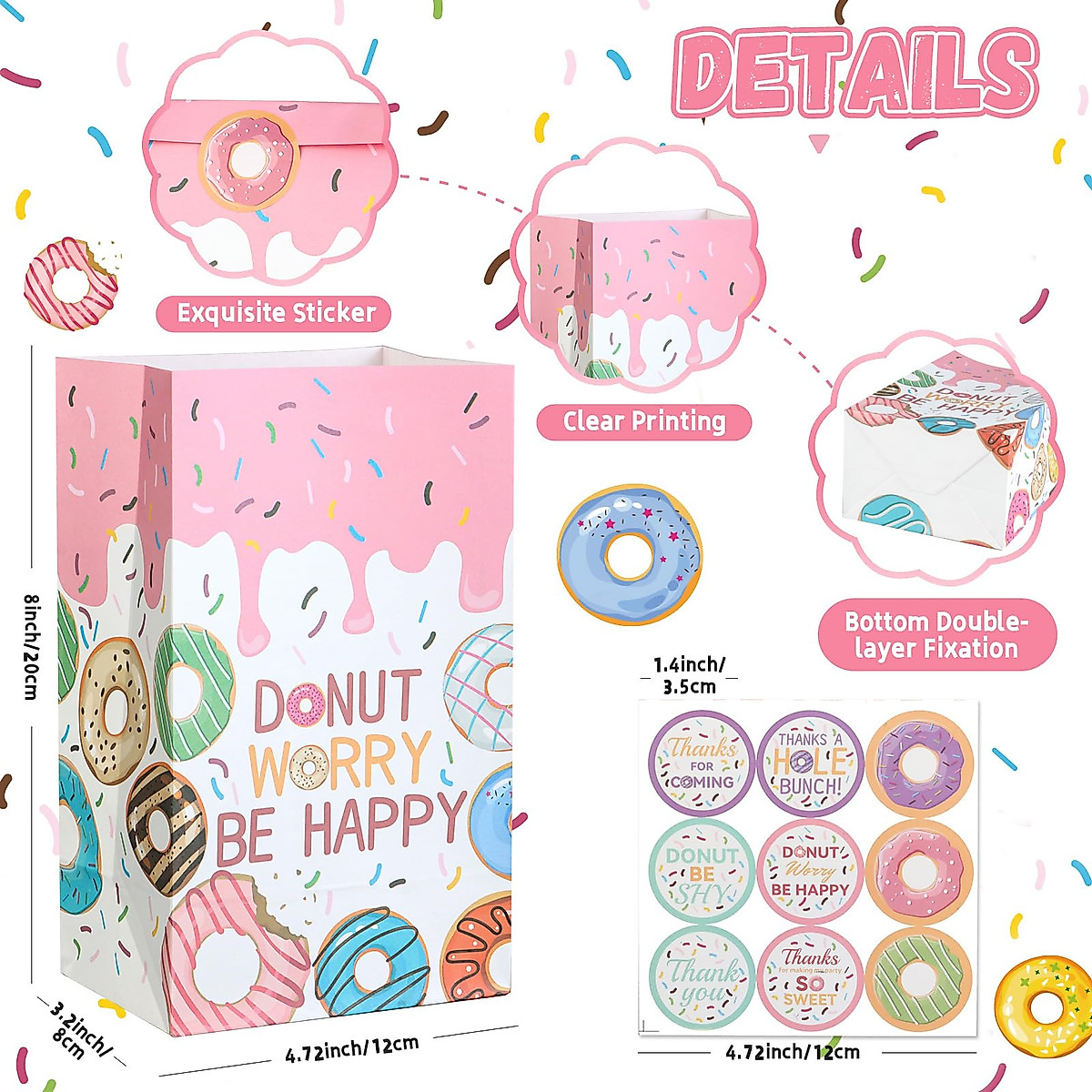 30 PCS Donut Party Favor Candy Bags with 36 Stickers, Sweet one two Birthday Party Decorations, Donut Candy Goodie Bags for Girls Kids Birthday Party, Baby Shower, Weddings, Valentines, Halloween