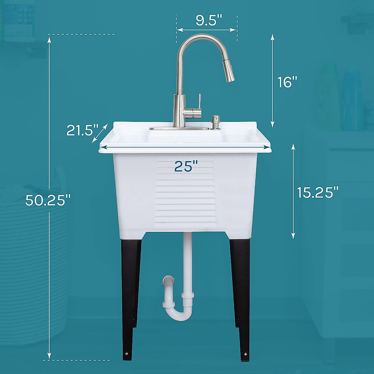 White Utility Sink by JS Jackson Supplies, Tehila Luxe Laundry Tub, Stainless Steel Finish Hi-Arc Pull-Down Faucet, Soap Dispenser