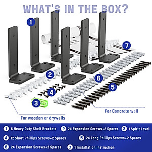 Goovilla Shelf Bracket, Heavy Duty Floating Shelf Brackets 6 inch Long, 6 Pack Brackets for Shelves, Black Coated Metal Wall Shelf Support Brackets with 1/5 Inch Thick and 160 lb. Load Capacity