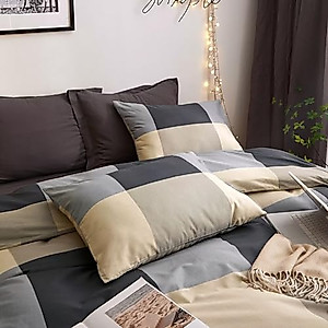 VClife Cotton Duvet Cover Queen, Modern Beige Black Grey Grid Printed Bedding Sets, 3 PCS Simple Queen Size Geometric Duvet Cover for All Season, Zipper Closure & Corner Ties, Easy Care, Breathable
