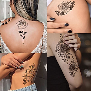Tazimi 10 Sheets 3D Black Flower Rose Temporary Tattoos For Women, Waterproof Fake Body Art Arm Sketch Tattoo Stickers For Women Girls