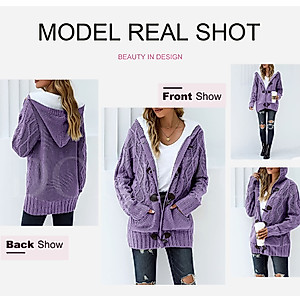Dokotoo Womens Fashion 2024 Ladies Winter Hooded Casual Fluffy Cardigans Sweaters Solid Open Front Long Sleeve Cable Knit Sweaters Fleece Coats Outerwear with Pockets Purple Medium