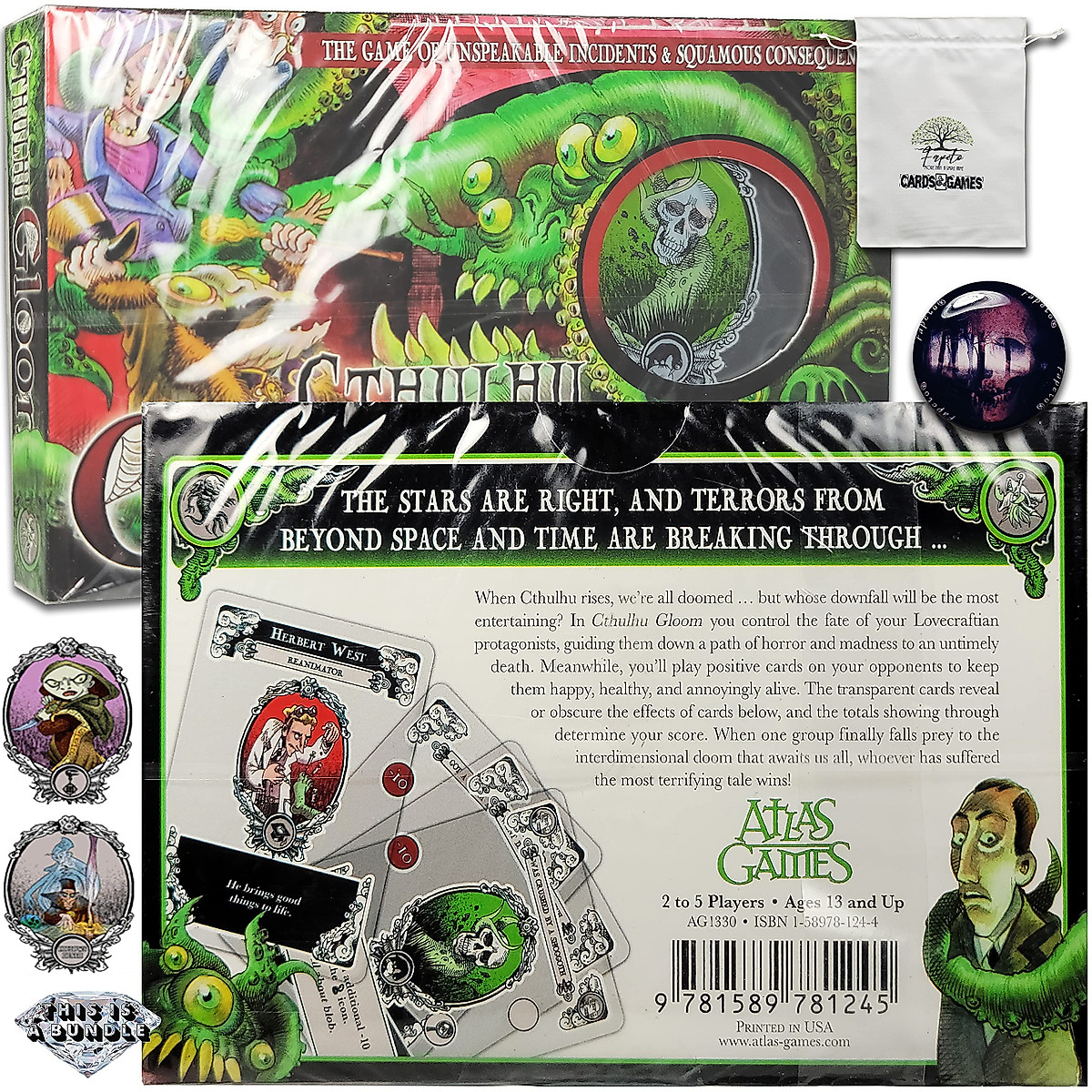 Terror, Insane and Madness Possibilities with Fairy Tales Gloom Cthulhu Card Games and The Expansion: UNPLEASANT Dreams Bundle with Random Color Drawstring Bag Plus 1inch Darkness Token