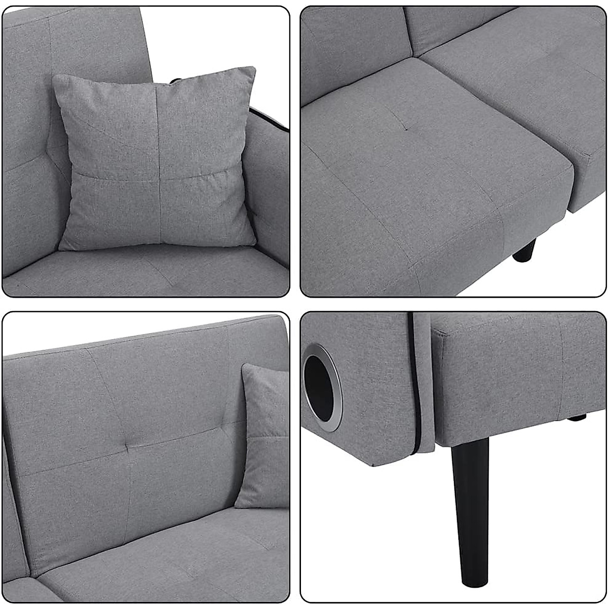 MWrouqfur 76" Convertible Folding Futon Sofa Bed with Bluetooth Speaker,Modern Linen Fabric Upholstered Sleeper Couch Bed,Recliner Loveseat with Armrest and 2 Pillows for Living Room,Bedroom,Office