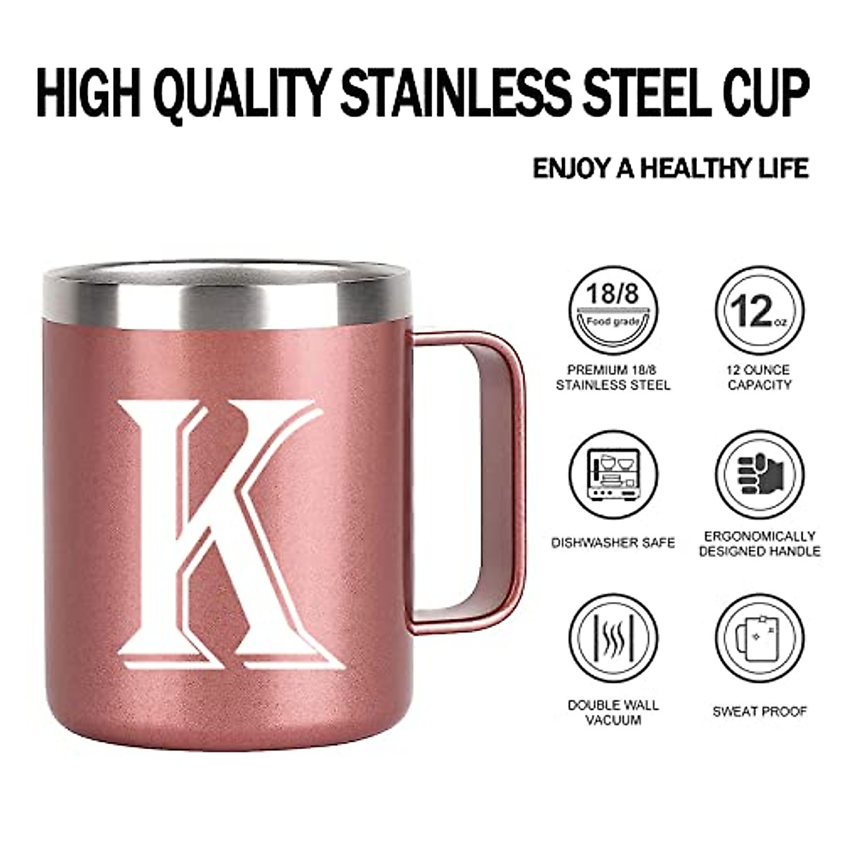 Aletege Letter K Stainless Steel Insulated Mug with Handle, Personalized Initial Mug, Gifts for Women Men Wedding Birthday Graduation Party Letter K 12OZ Rose Gold