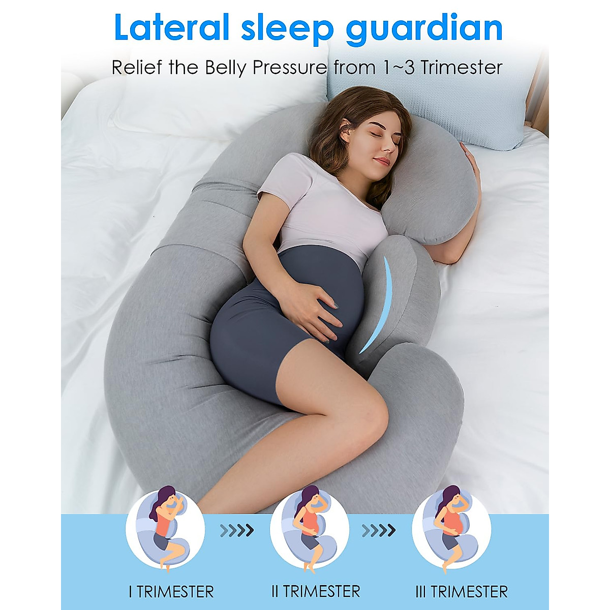 QUEEN ROSE Cooling Pregnancy Pillows, E Shaped Maternity Pillow for Sleeping, with Extra Wedge Pillow for Belly Support, 55 Inch Detachable Body Pillow, Breathable Cover, Grey