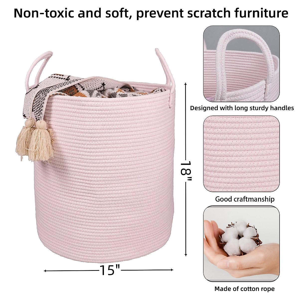 XUANGUO Cotton Rope Laundry Basket Hamper for Girls Kids Baby Nursery Hamper Bin Woven Storage Basket for Living Room Girls room Boho Tall Rope Baskets for Blanket Toys Large light pink