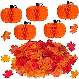 WILLBOND 5 Pieces Fall Tissue Paper Pumpkin and 200 Pieces Autumn Maple Leaves Fall Artificial Pumpkin Honeycomb Maple Leaves for Halloween Thanksgiving Fall Festival Holiday Party Favor