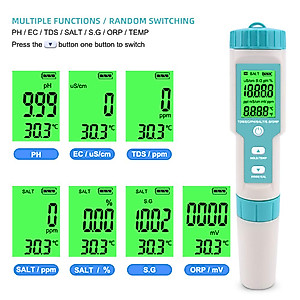 7 in 1 PH Meter Gomass 0.01 High Accuracy ph Tester Digital for Water TDS/EC/Salinity/Temp/ORP/S. G/PH Pen Tester Drinking Water, Hydroponics, Plants, Aquarium and Pool