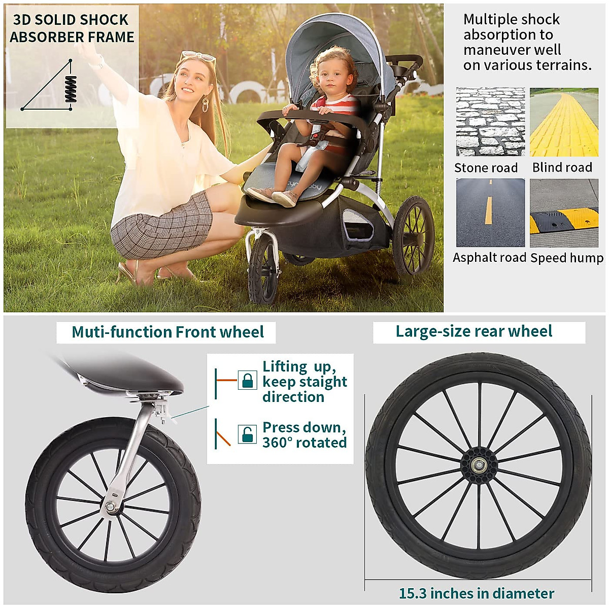 Baby Jogging Stroller for Toddler Kids Compact Single City Jogger Strollers All Terrain Jog 3 Wheels Pushchair Expedition with Parent Console (Blue)