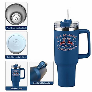 LB LEOBON 40 ounce insulated cup with handle, double-layer vacuum stainless steel material, equipped with straw, can keep warm or maintain cold drinks Reindeer I'll Be Home for Christmas white