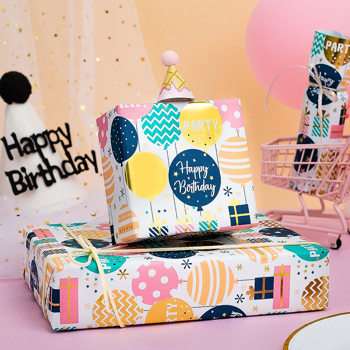 Homeral Birthday Wrapping Paper Roll-46.8sq.ft Birthday Gold Foil Balloon Design on Rich Mineral Paper Silk Touch for Birthday, Baby Shower, Party-17in x 33ft