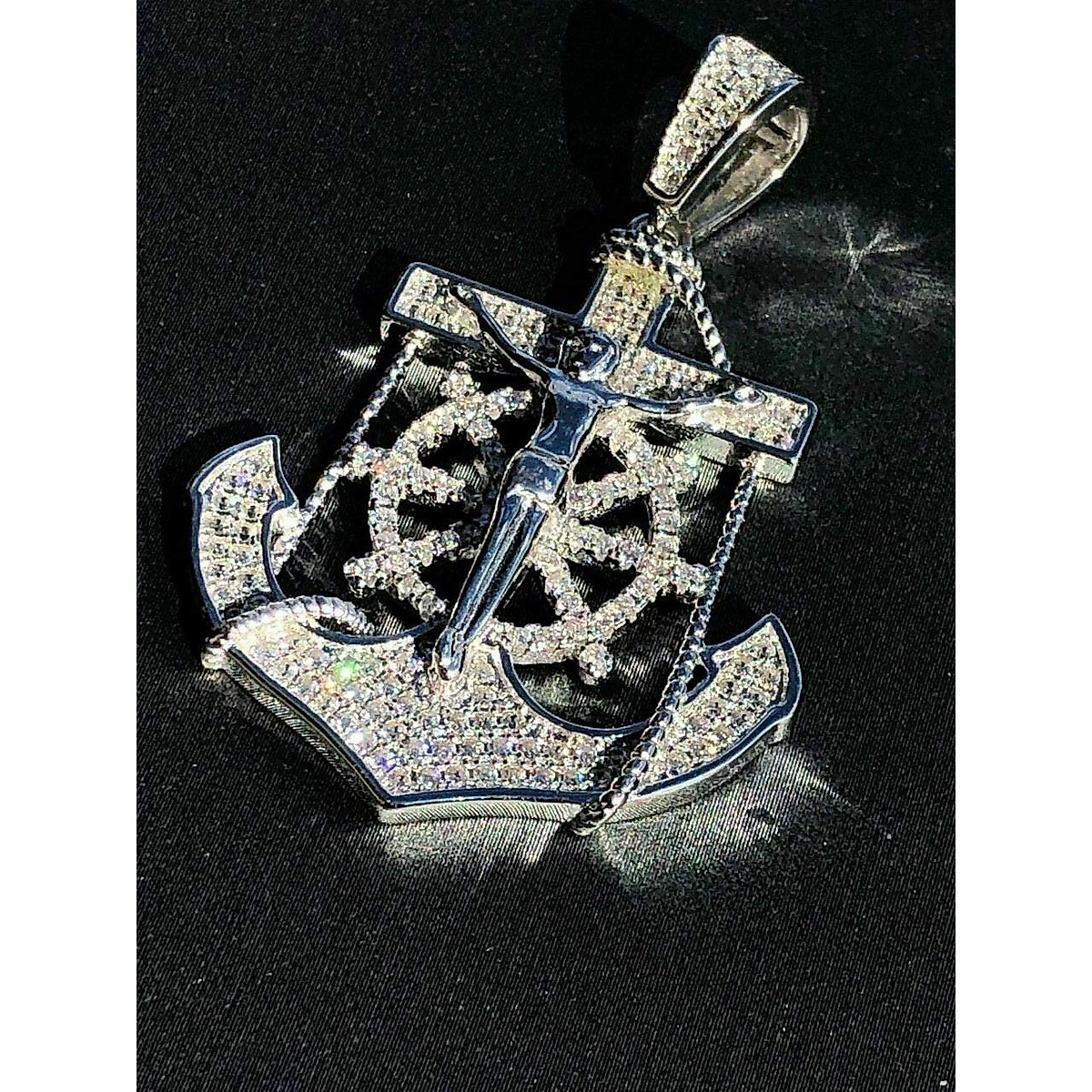 HarlemBling Solid 925 Sterling Silver -Jesus On Anchor Cross Pendant - Hip Hop Iced - Natural Silver Or Two Tone Gold Finish (Two Tone)