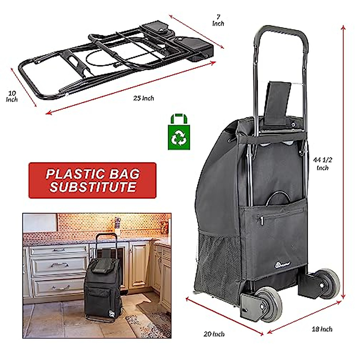 dbest products Trolley Dolly Compact, Black Foldable Shopping cart for Groceries with Wheels and Removable Bag and Rolling Personal Tote Handtruck Standard