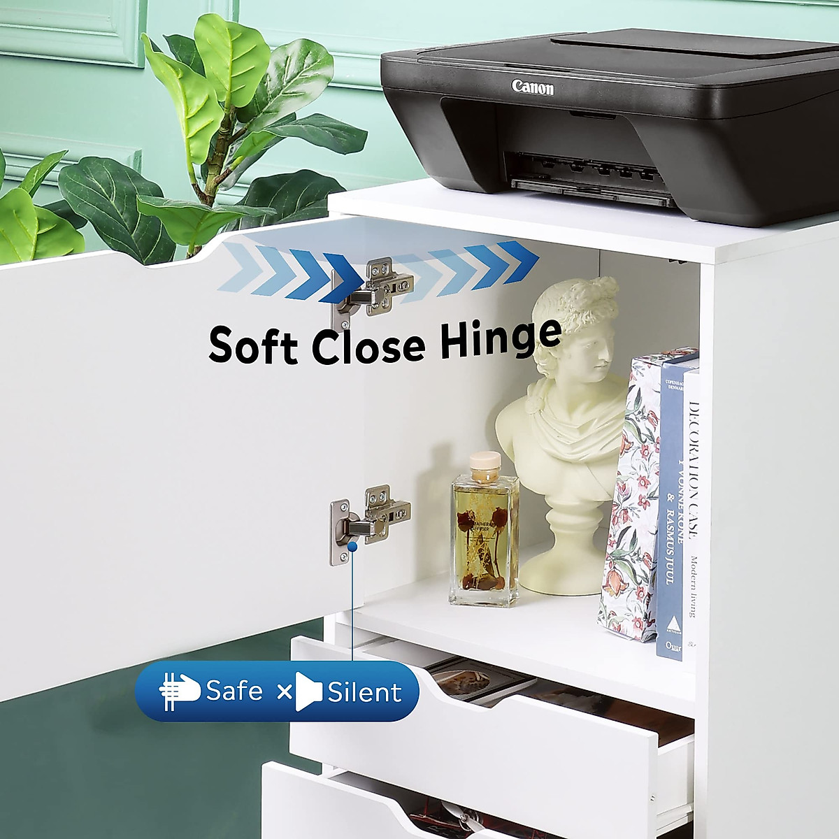 DEVAISE 5-Drawer Wood Dresser with Top Cabinet Storage, Mobile Chest of Drawers, Wide Storage Space for Home Office, White