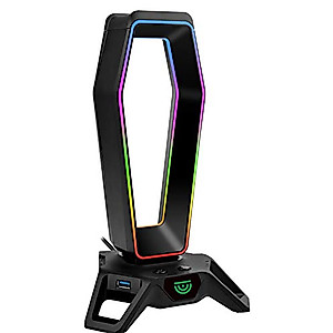 TRUSYO AUDIO THE PORTAL USB 3.0 headset stand with dual RGB lights, 3 usb charger ports, a headphone holder for wired or wireless headphones, great for gaming stations. A gaming accessory.