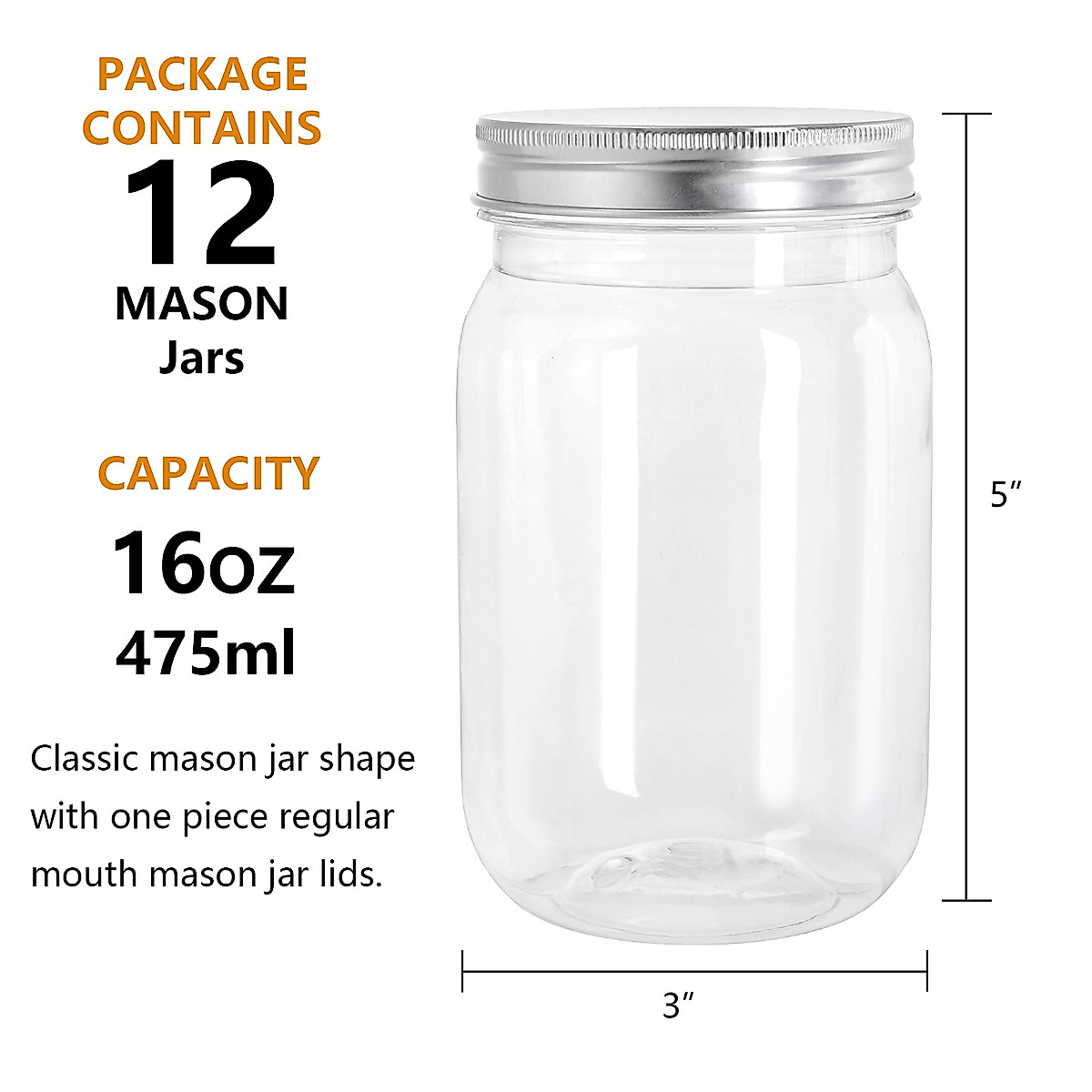 Tebery 12 Pack Clear Plastic Mason Jars with One Piece Lids, 16OZ Mason Cocktail Cup Shatterproof Drinking Jar, Refillable Empty Slime Storage Containers for Overnight Oats, Honey, Spices and Herbs