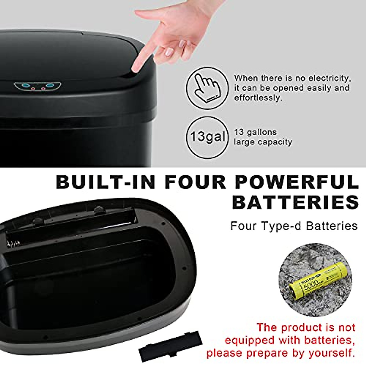 HCY Trash Can, 13 Gallon Automatic Waste Bin Mute Metal Garbage Can with Lid Stainless Steel 50 Liter for Kitchen, Office, Bedroom, Bathroom, Living Room (Black)